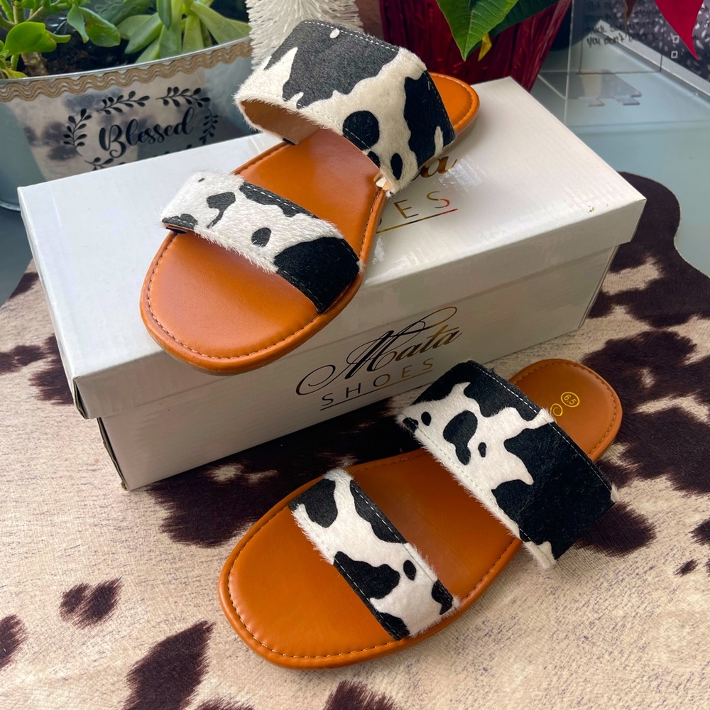 New Cow Print Alata Flat Sandals - Gem
